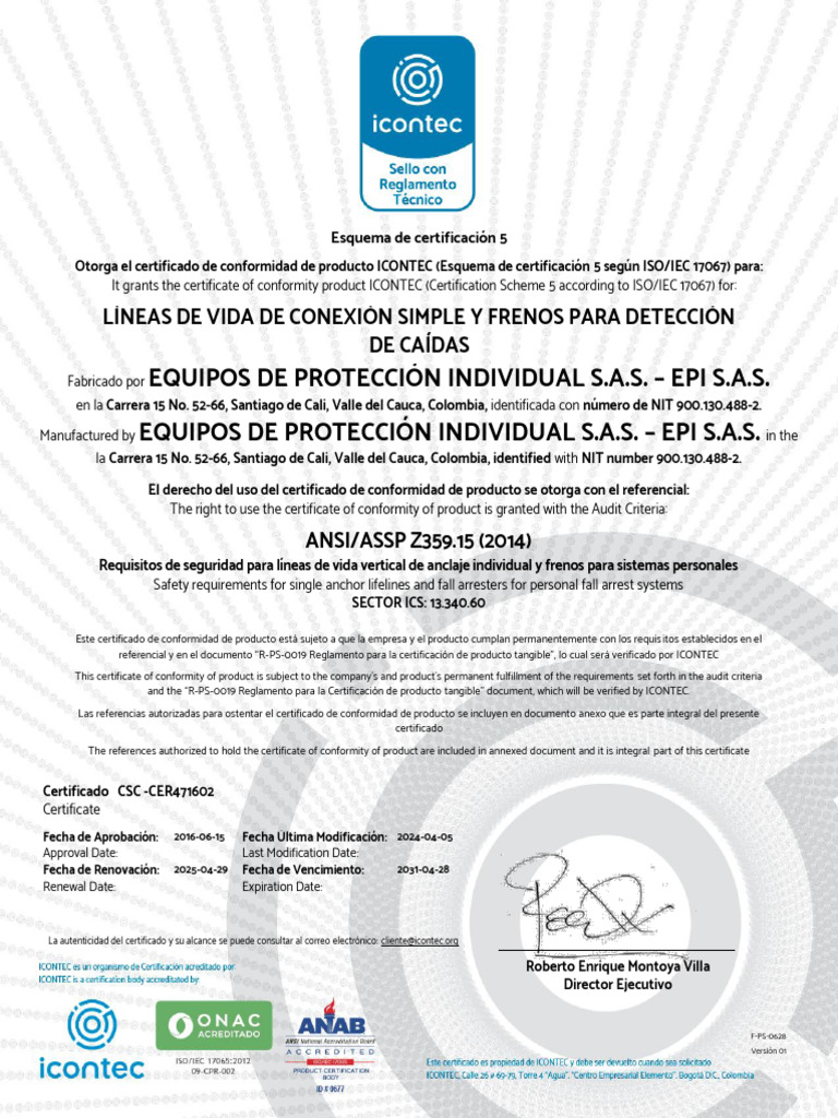 Certificado Epi Lineas y Frenos Ansi Z359-15 | PDF | Cuerda | Bienes manufacturados