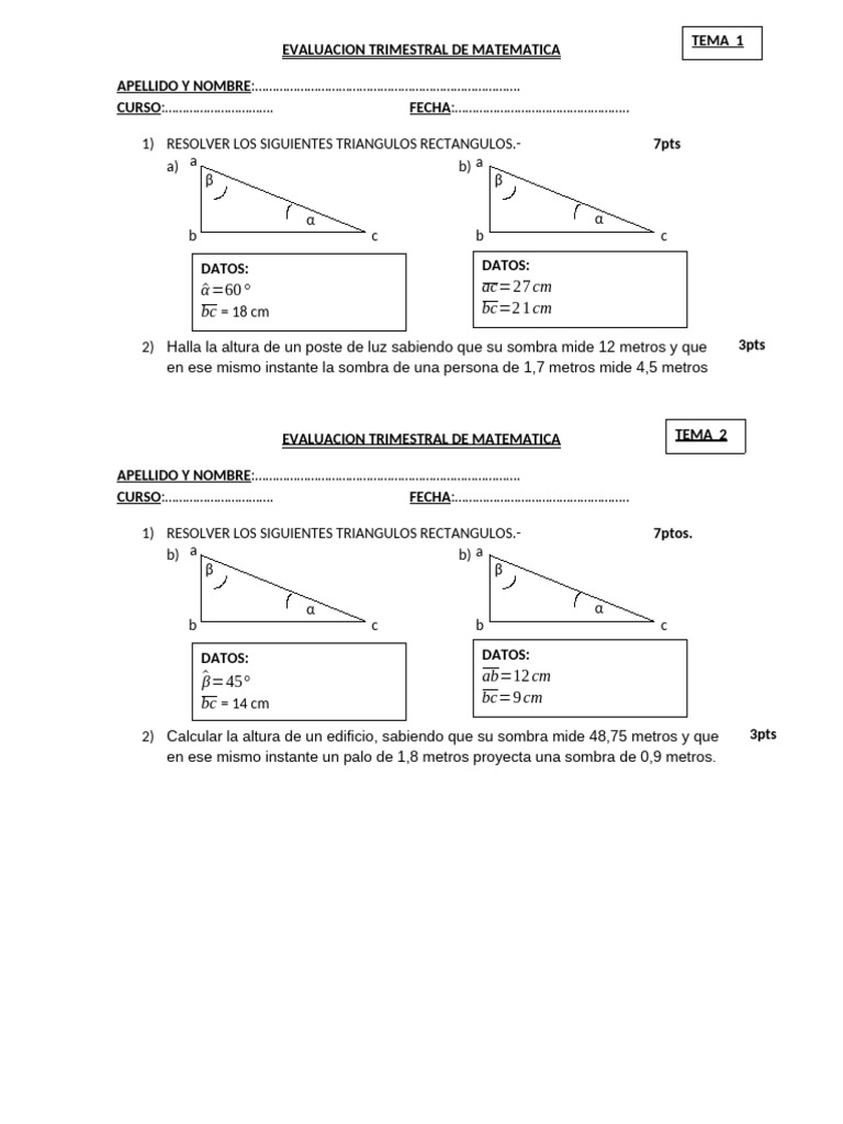 EVALUACION TRIMESTRAL DE MATEMATICA 2° Trimestre 2016 3a | PDF