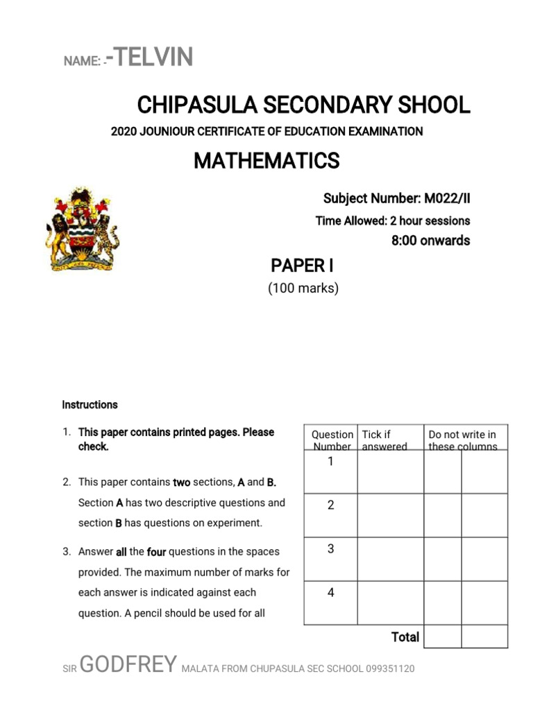 2020 Jce Chipasula Secondary School Mathematics | PDF