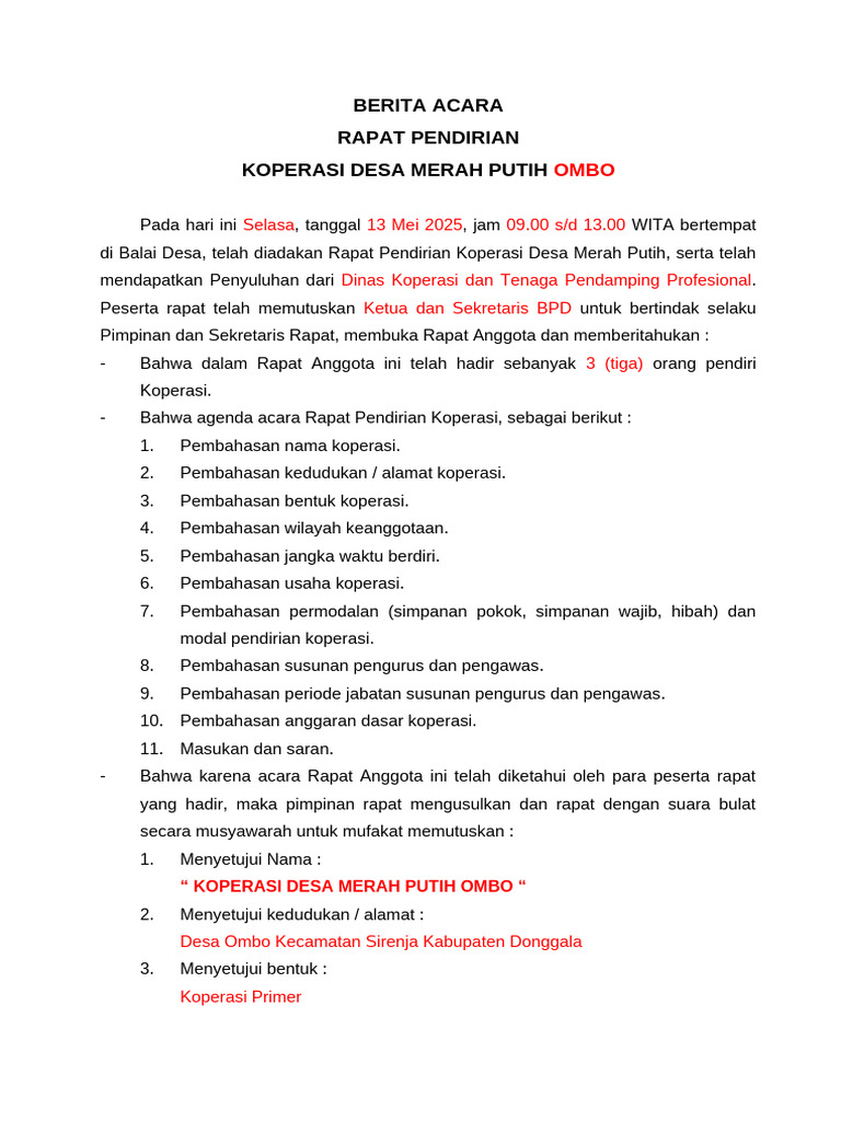 Contoh Ba Rapat Pendirian KDMP | PDF