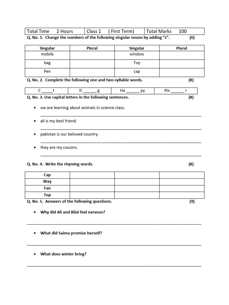 Incredible Eng Class 1 1st Term Papers | PDF | Grammatical Gender ...