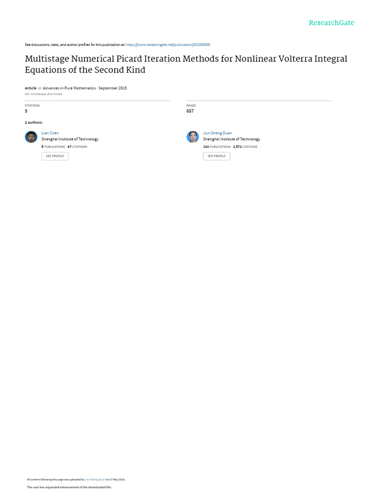 Multistage Numerical Picard Iteration Methods For Nonlinear Volterra Integral Equations of The ...