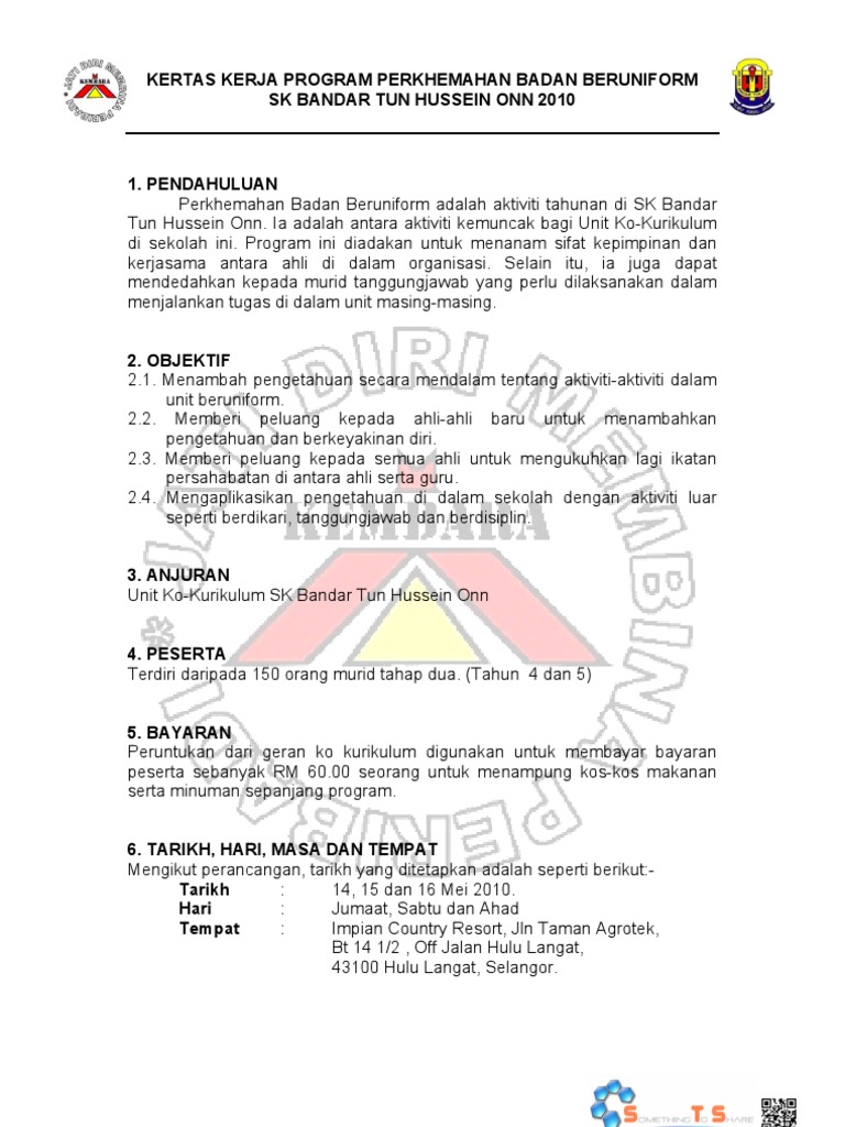 Kertas Kerja Program Perkhemahan Badan Beruniform Skbtho 2010. | PDF