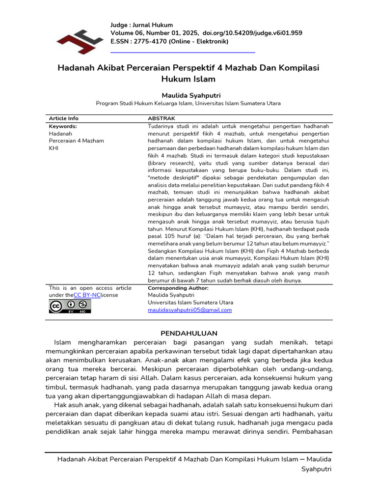 Hadanah Akibat Perceraian Perspektif 4 Mazhab Dan Kompilasi Hukum Islam ...