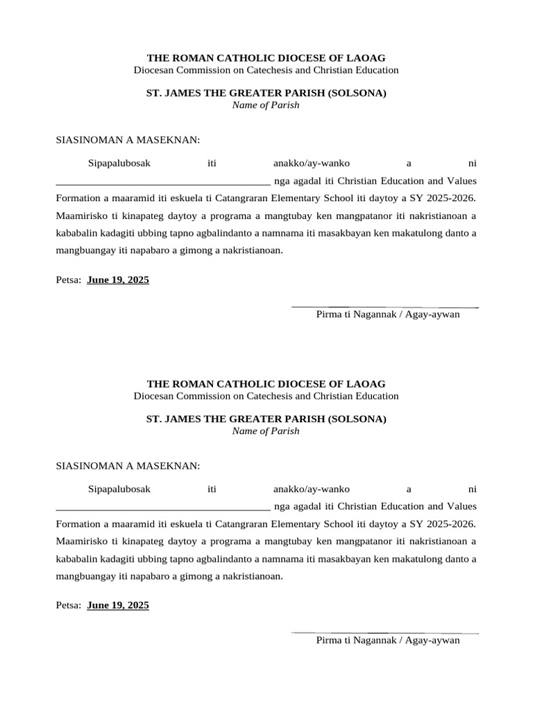 Parental Consent ROMAN CATHOLIC DIOCESE OF LAOAG | PDF