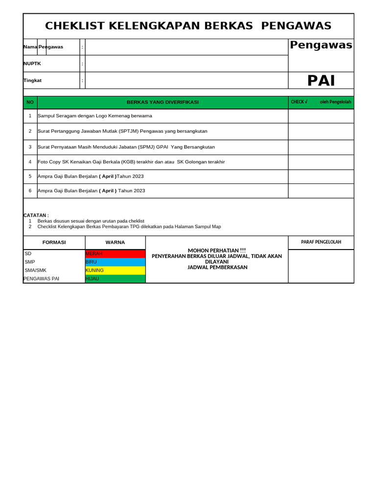 Checklist Berkas Pengawas PAI | PDF