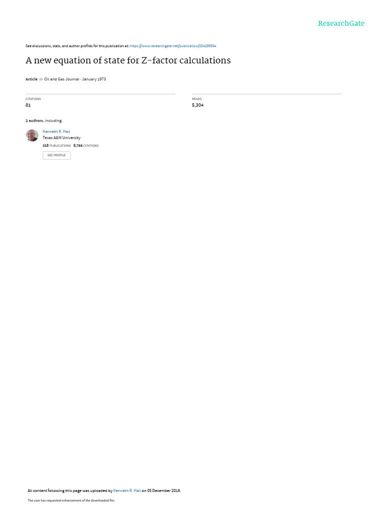 A New Equation of State For Z-Factor Calculations: Oil and Gas Journal January 1973 | PDF