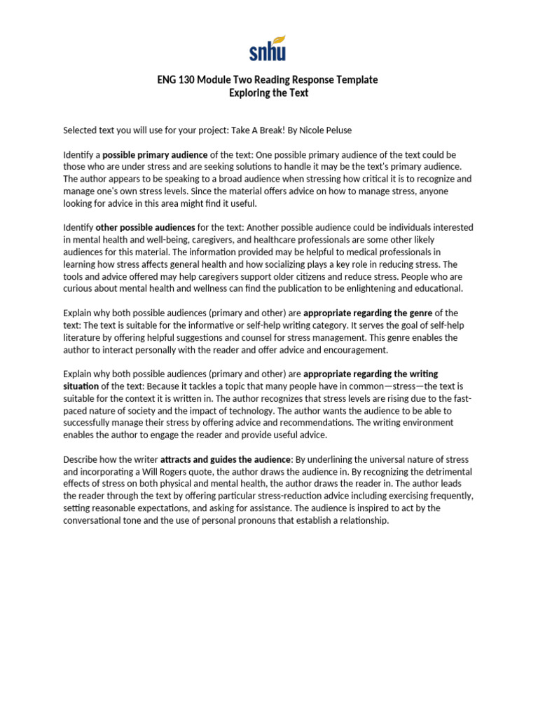ENG130 Module Two Reading Response Template | PDF | Stress (Biology ...