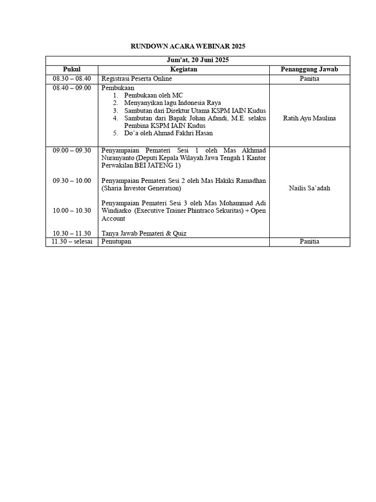 Rundown Webinar Edukasi Investasi Syariah 2025 | PDF