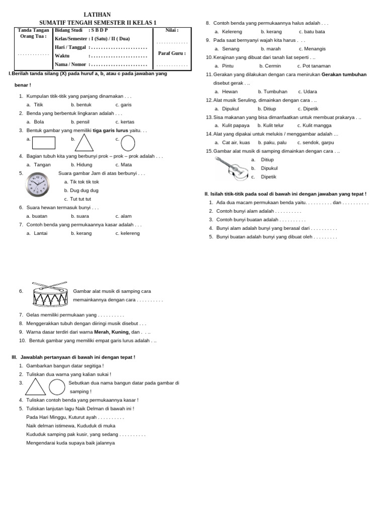 Latihan STS Kelas 1 Semester 2 - SBDP | PDF