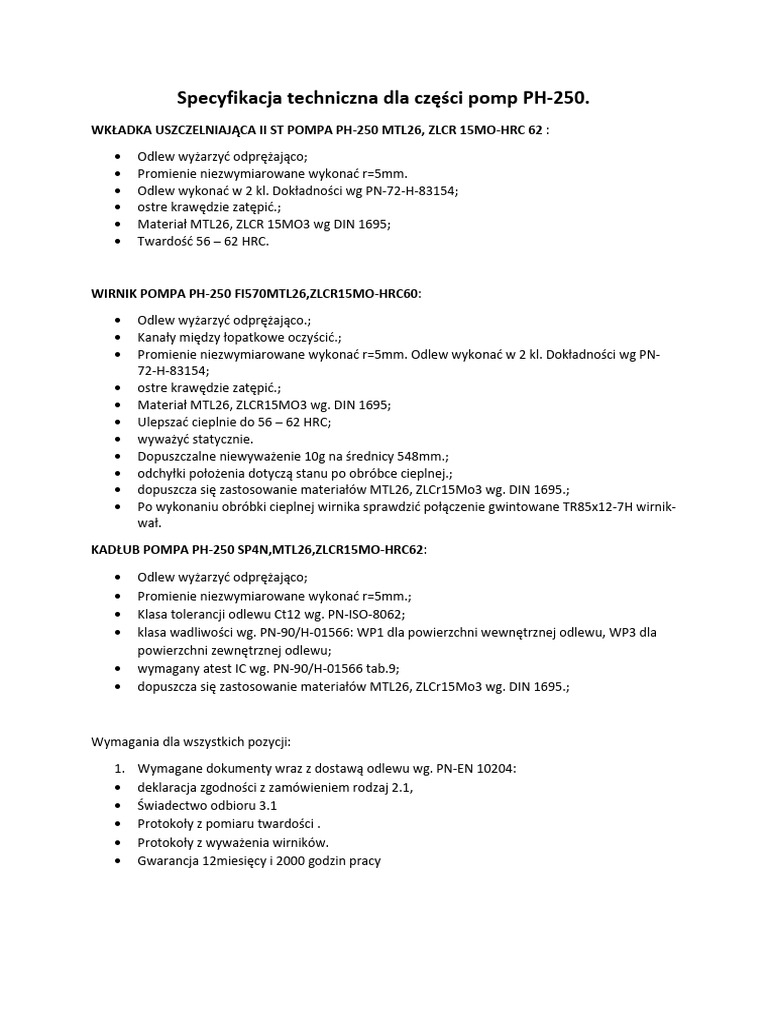 Specyfikacja Techniczna PH-250 | PDF