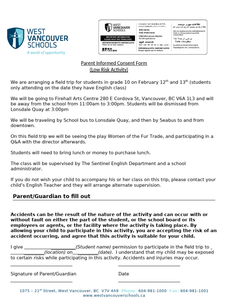 Parent Informed Consent Low Risk Activity Women of The Fur Trade | PDF