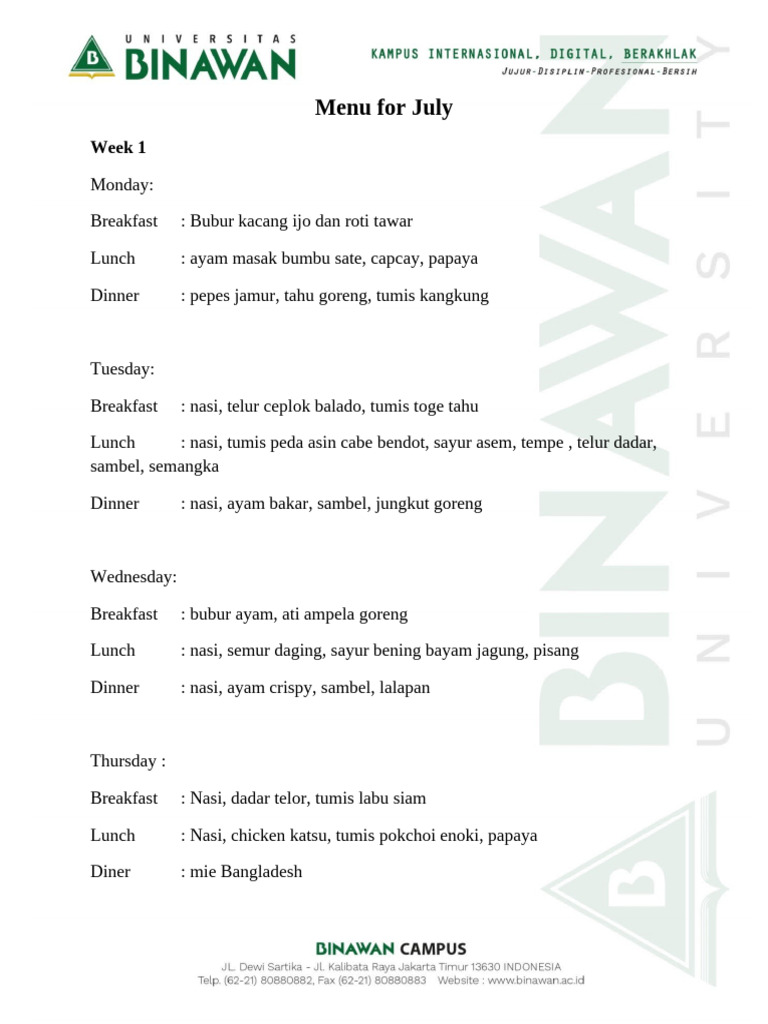 July Meal Plan and Caloric Info | PDF | Indonesian Cuisine | Cuisine
