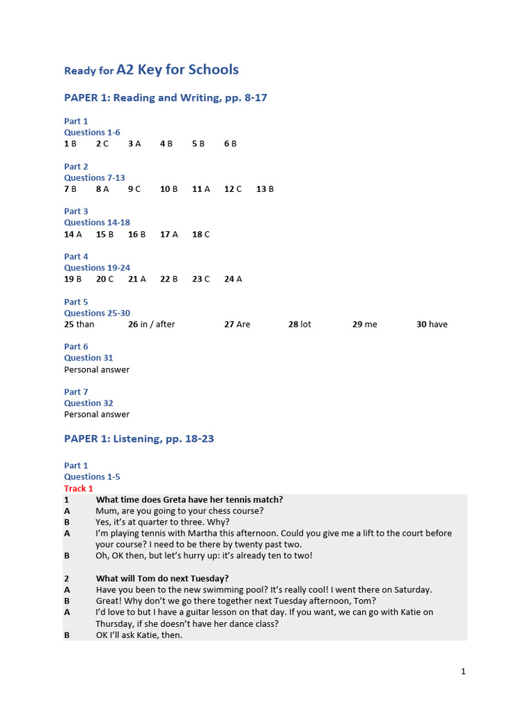 A2 Key for Schools Answer Key | PDF