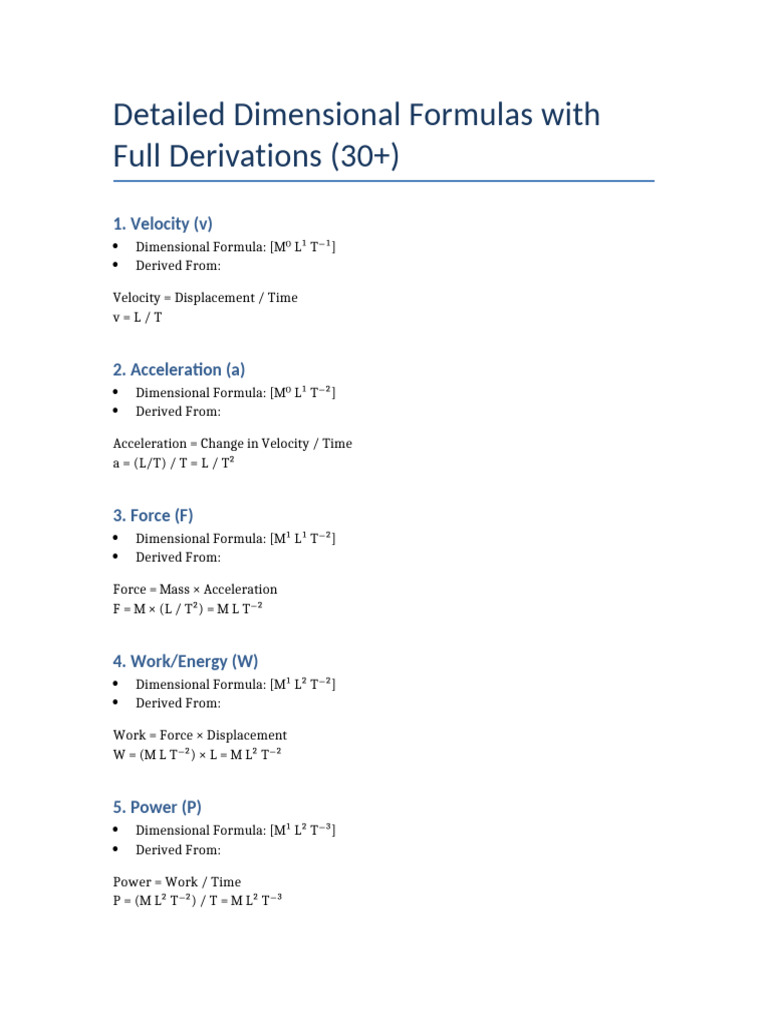 Dimensional Formulas and Derivations | PDF | Force | Velocity