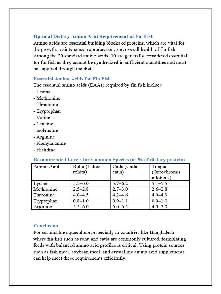 Optimal Dietary Amino Acid Requirement of Fin Fish | PDF
