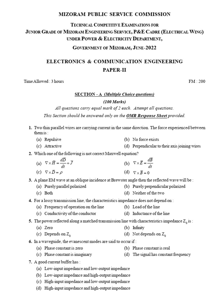 JR Grade of Mes Electrical Wing Under P e Deptt Ece Paper II 2022 | PDF ...