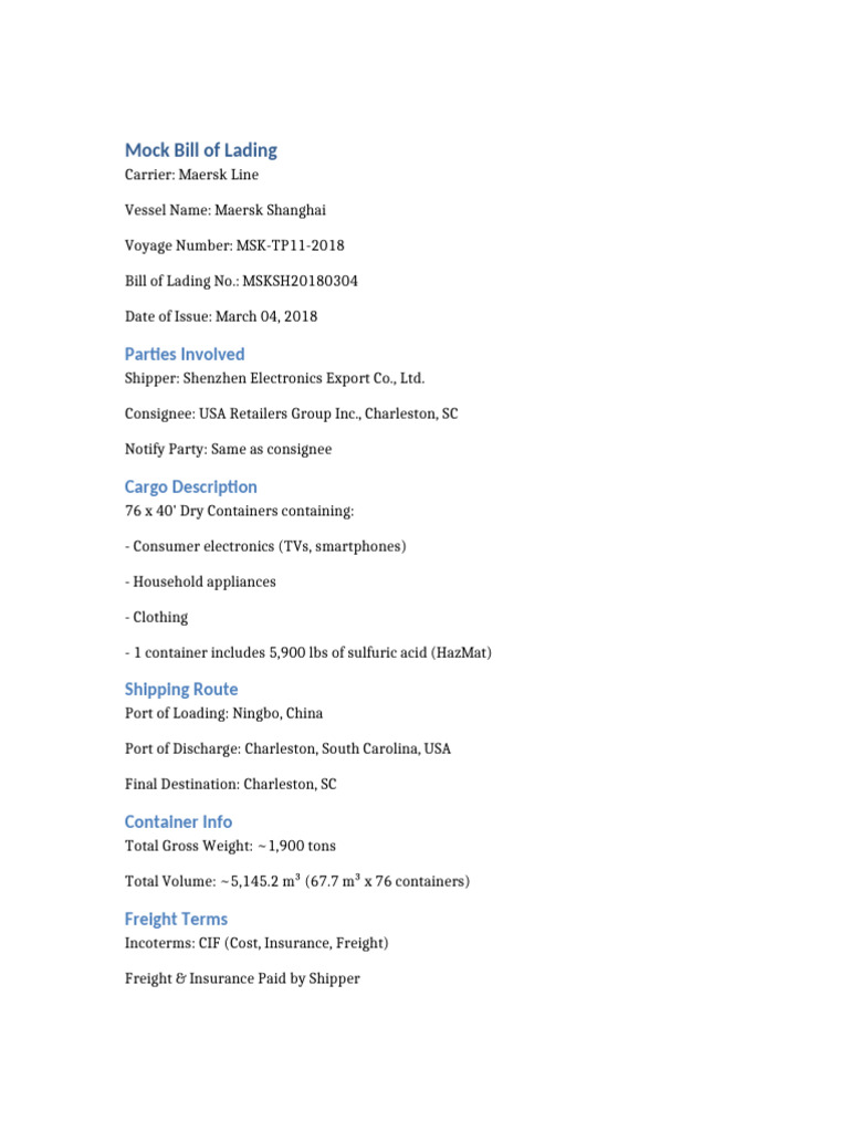 Mock Bill of Lading Maersk Shanghai 2018 | PDF