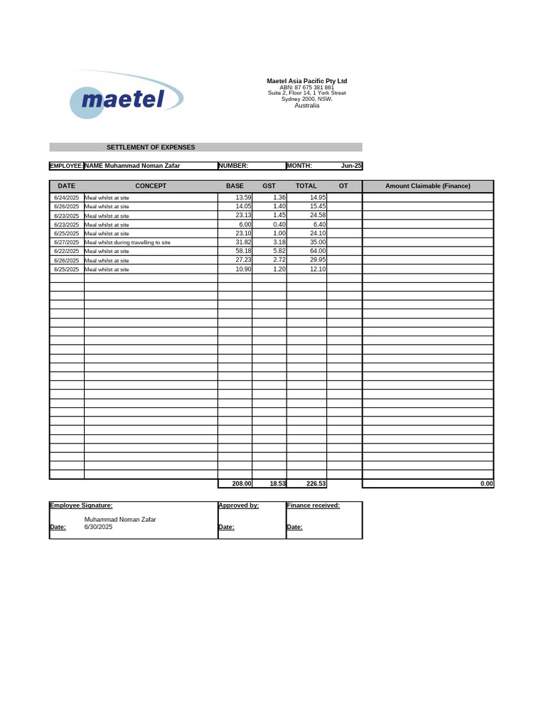 Settlement of Expenses 23-06-2025 To 27-06-2025 | PDF