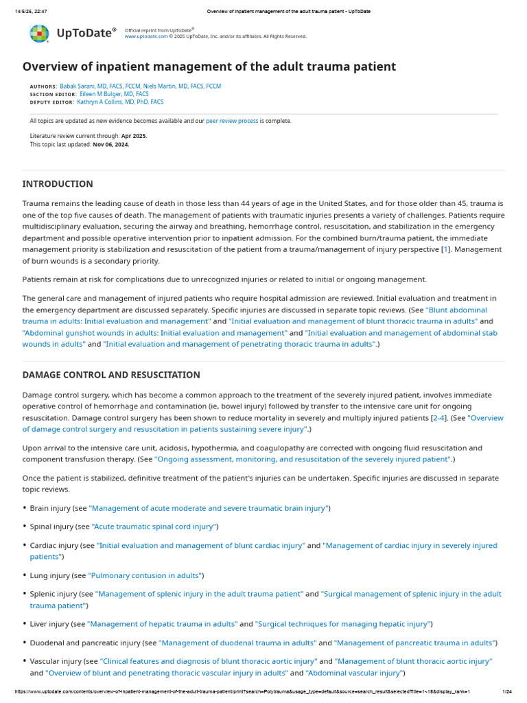 Inpatient Management of Adult Trauma | PDF | Major Trauma | Clinical ...