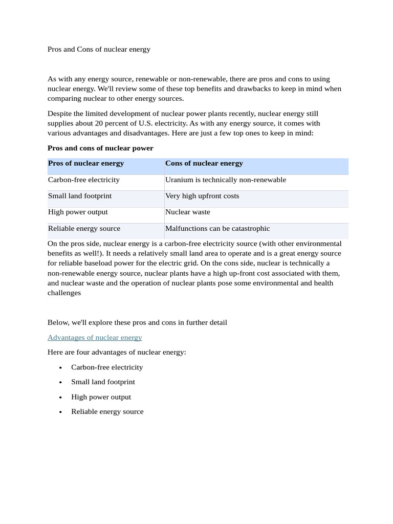 Nuclear Energy: Key Pros and Cons | PDF | Nuclear Power | Energy ...
