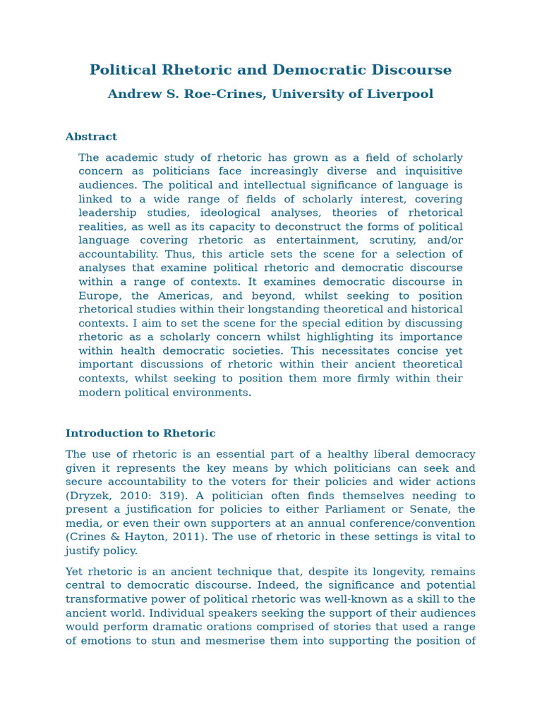 Political Rhetoric and Democratic Discourse | PDF | Public Speaking ...