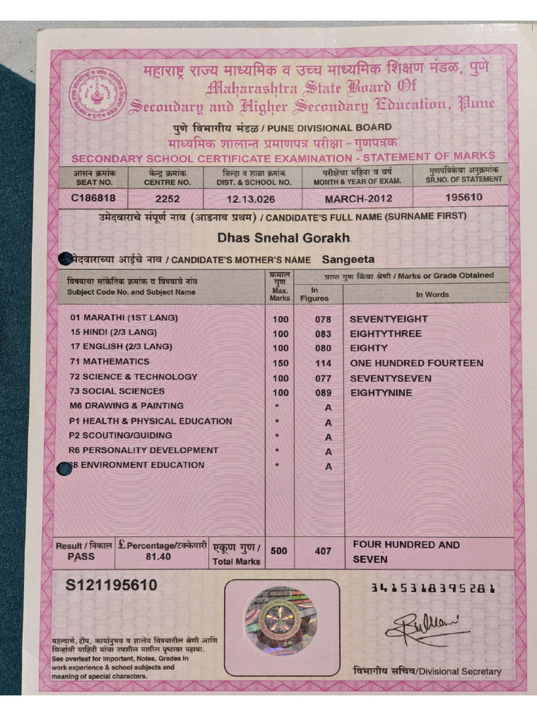 10th Marksheet | PDF