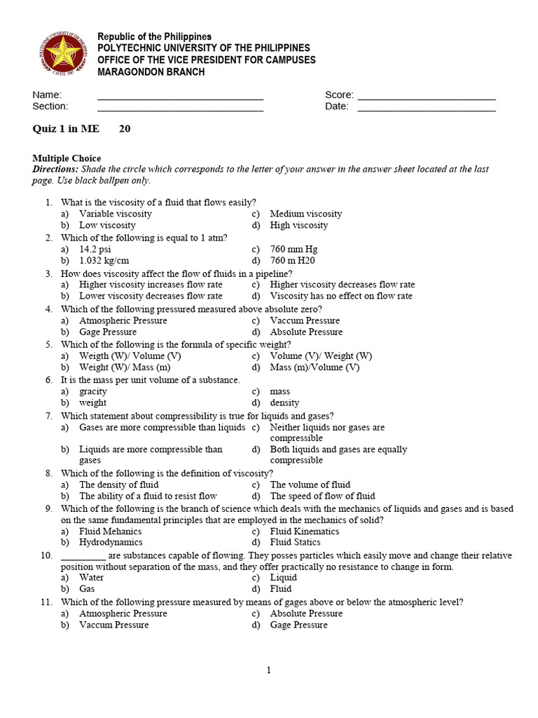 Fluid Mechanics Quiz for MEEN 20052 | PDF | Pressure | Liquids