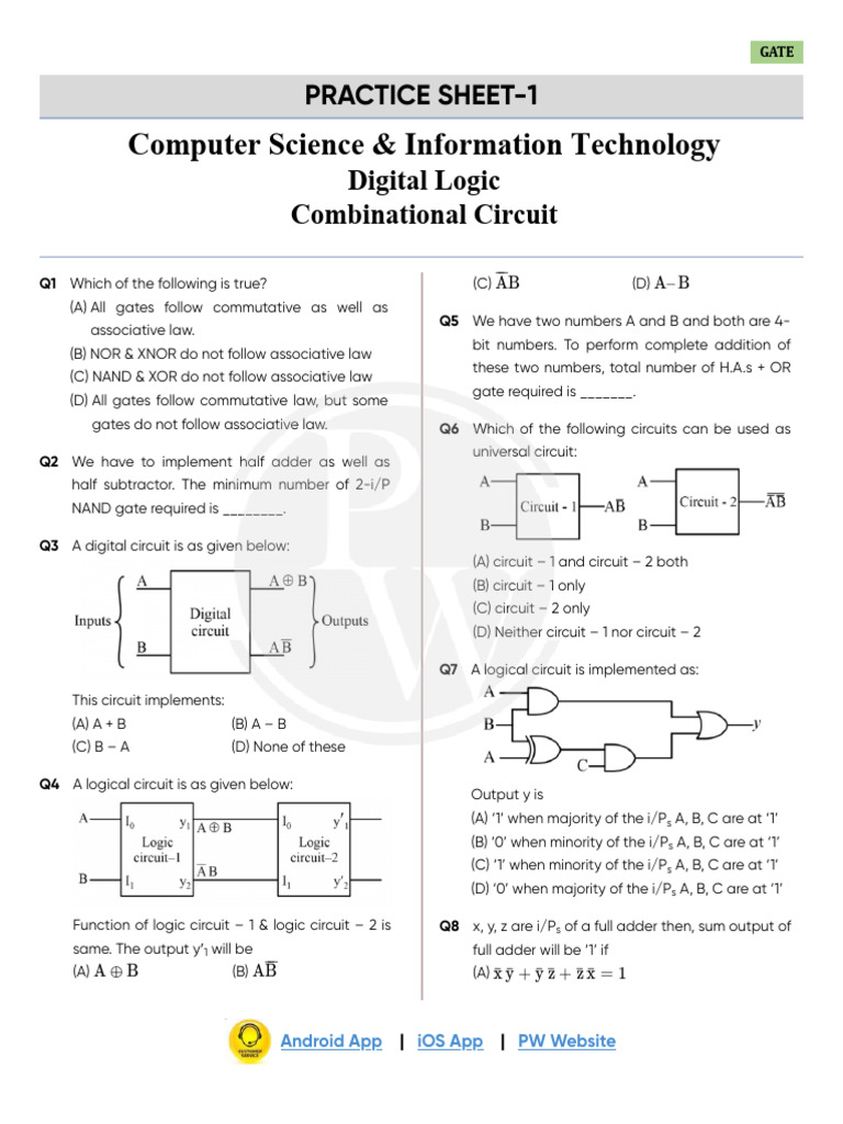 Combinational Circuit Practice Sheet 01668631d2750cc300185d96ce | PDF | Logic Gate | Electronics