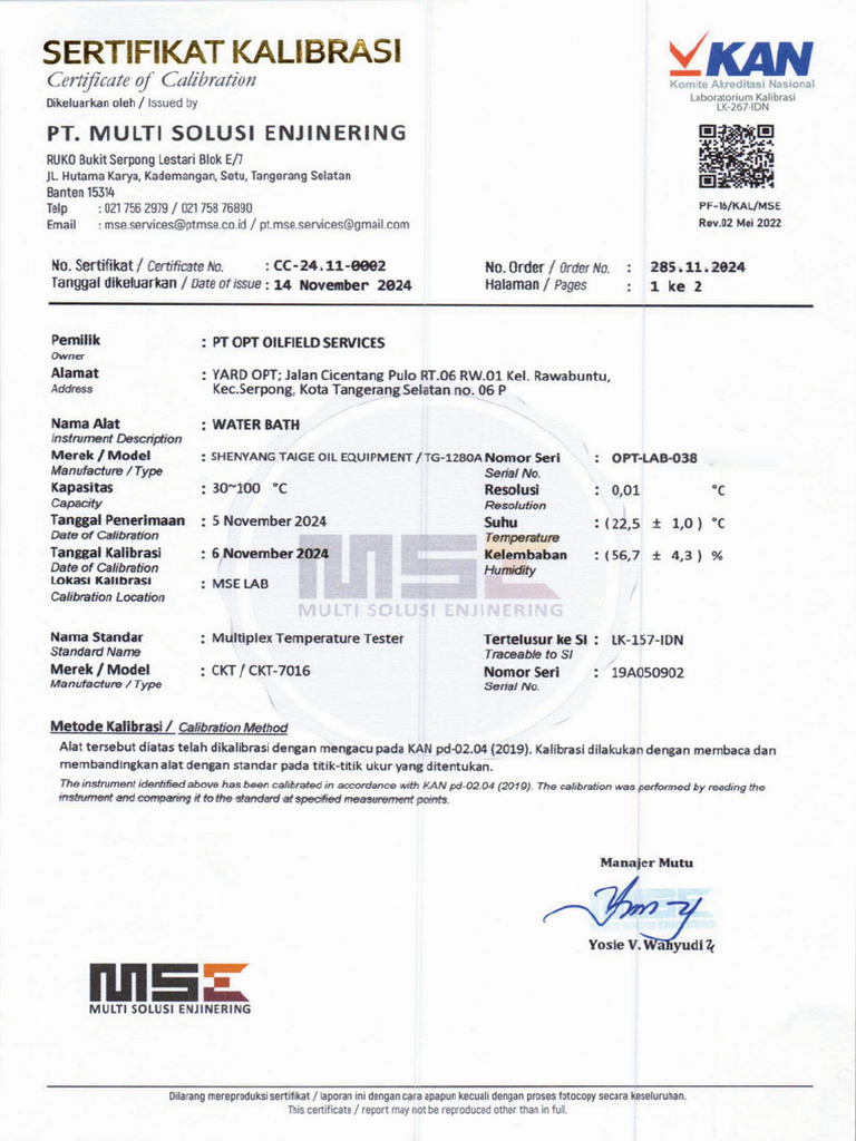 Sertifikat PT .Opt Opt Lab 038 | PDF