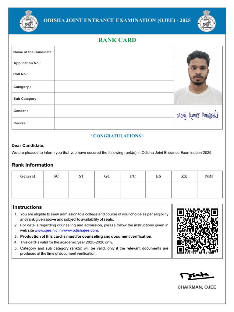 OJEE 2025 Rank Card Details | PDF