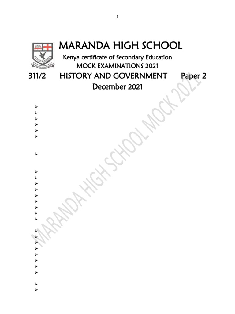 Maranda High School History Mock Exam 2021 | PDF | League Of Nations