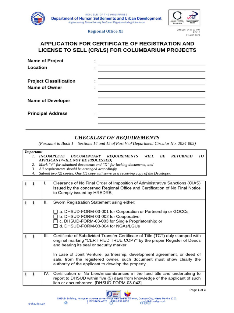 007 Application Form For CRLS For Columbarium Projects - Rev0 | PDF ...