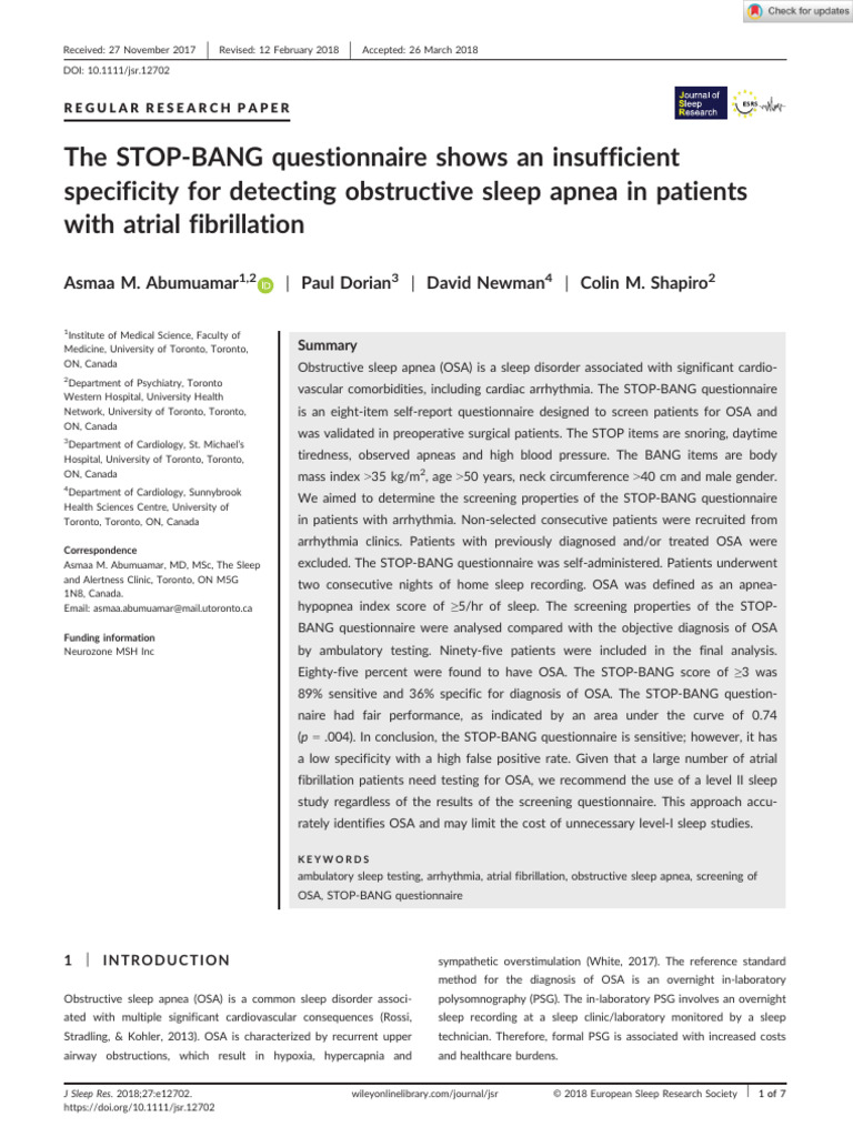 Journal of Sleep Research - 2018 - Abumuamar - The STOP BANG Questionnaire Shows An Insufficient ...