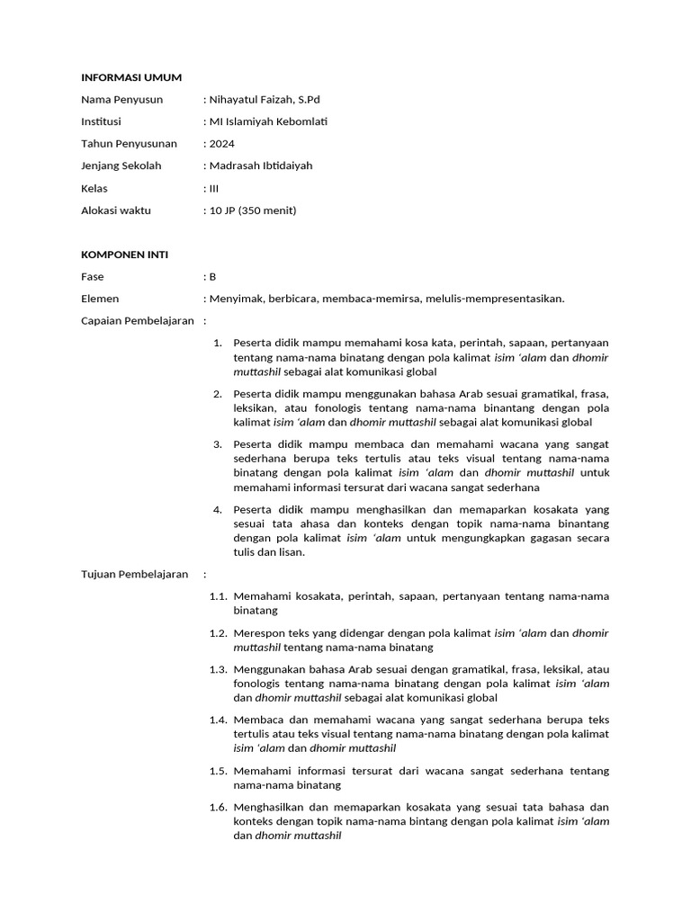 Modul Kelas 3 Nama-Nama Binatang | PDF