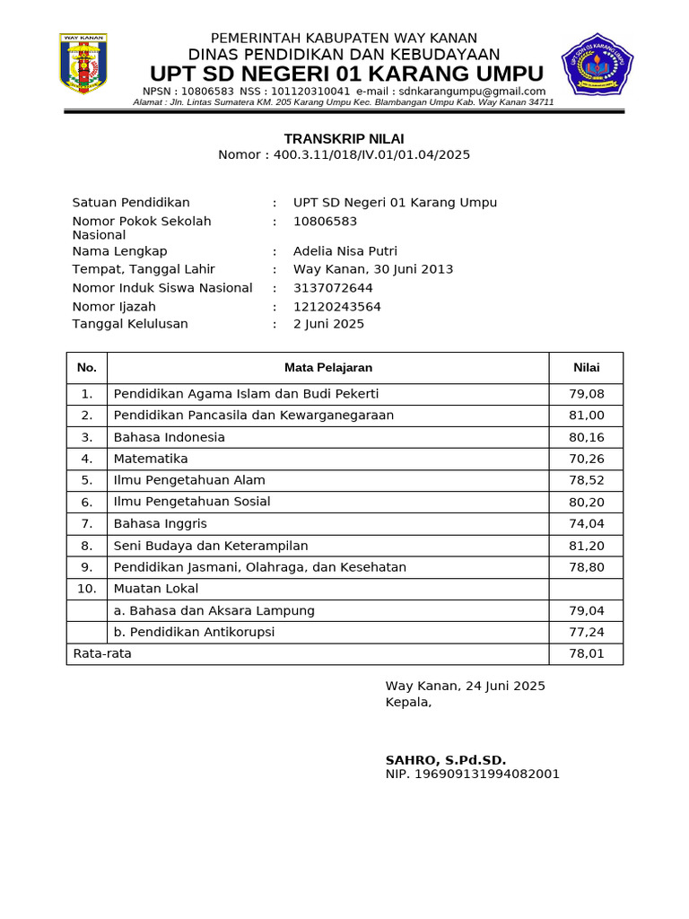 Transkrip Nilai 2025 - KUMER (SD) | PDF