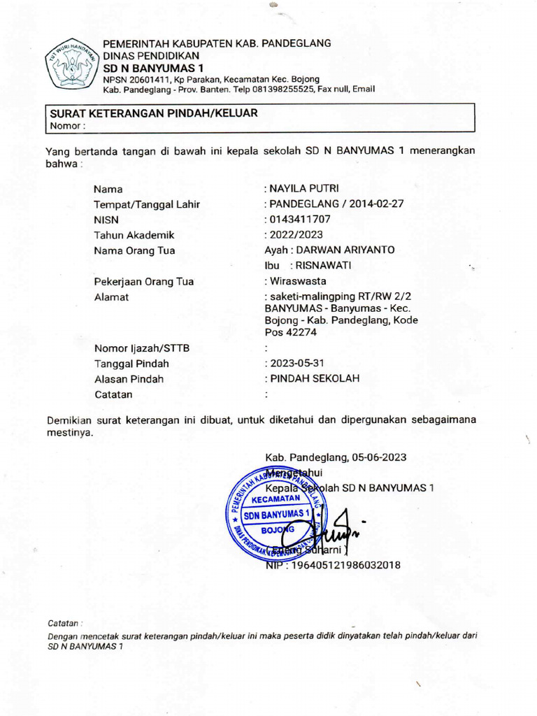 Surat Mutasi Nayla Putri 202320230605 - 10432778 | PDF