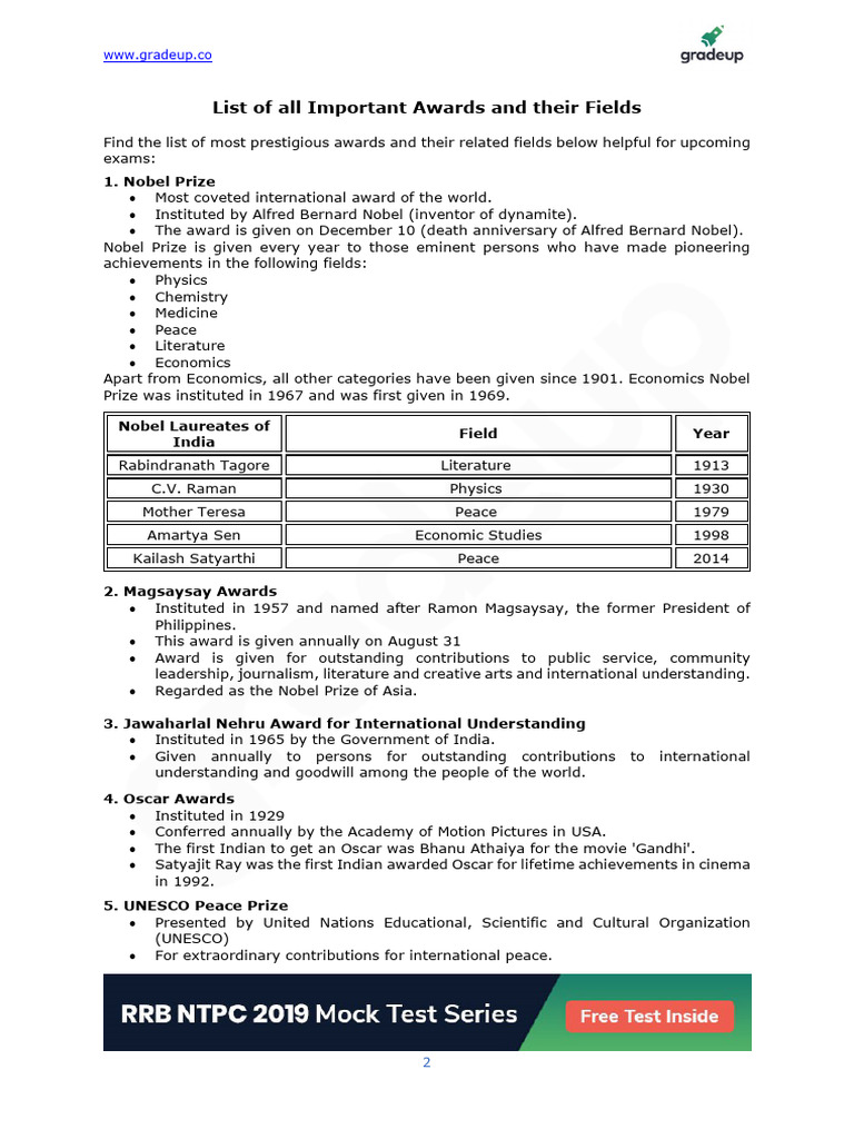 Important Awards and Their Fields List | PDF | Nobel Prize | Awards