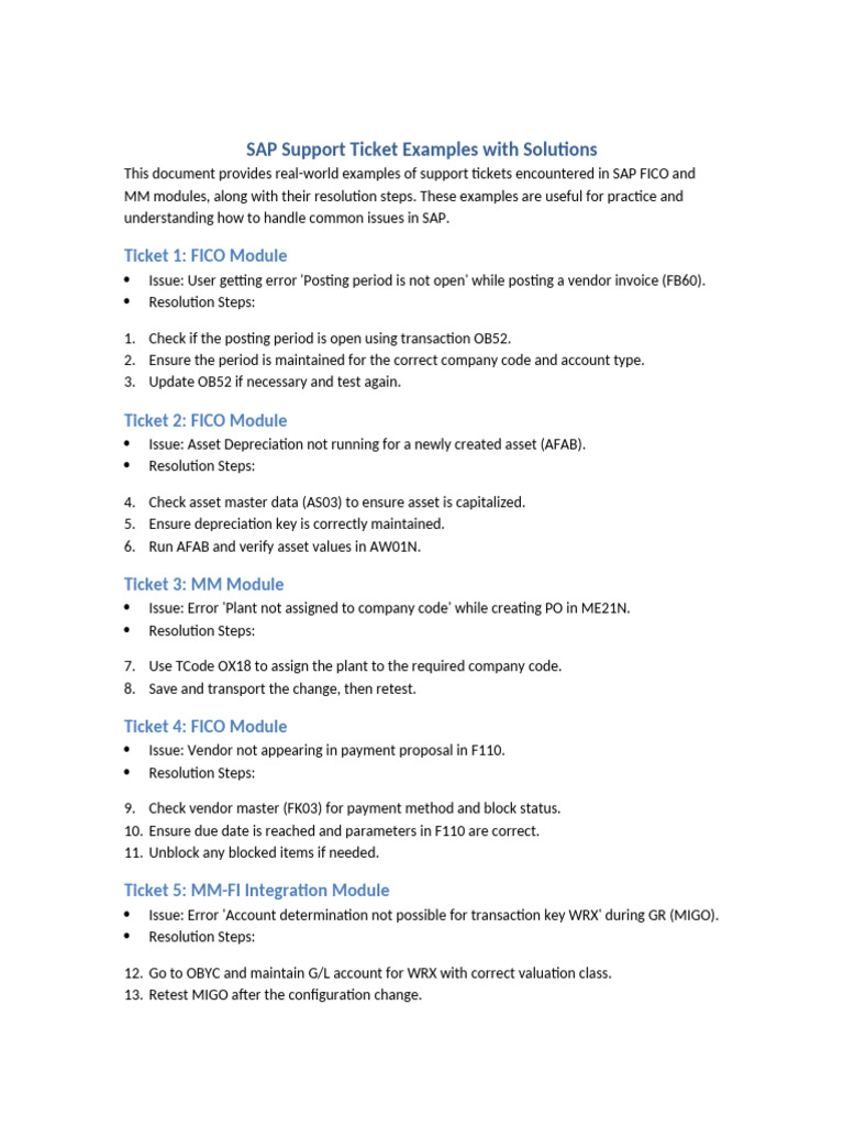 SAP Ticket Examples With Solutions | PDF