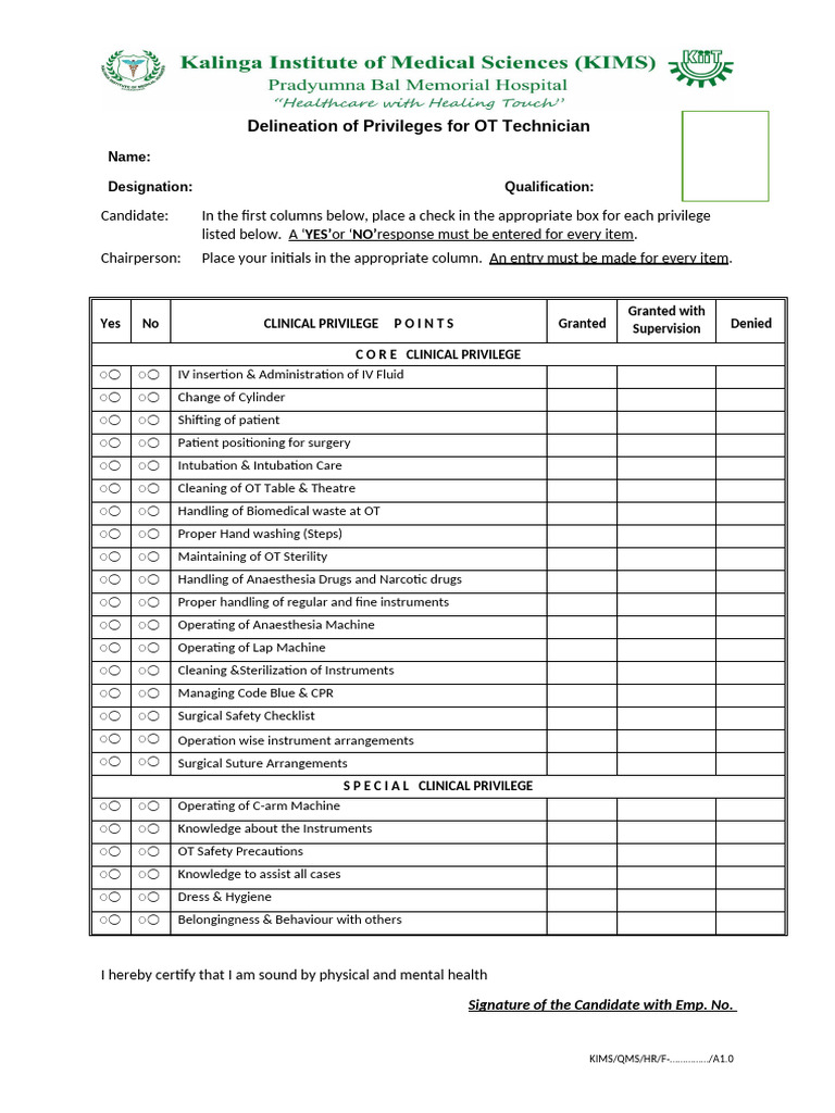 OT Technician Privileges Certification | PDF | Anesthesia | Health Care