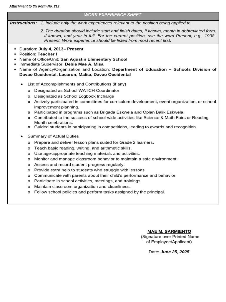 SARMIENTO, MAE M. CS Form No. 212 Attachment Work Experience Sheet Sample | PDF | Schools ...