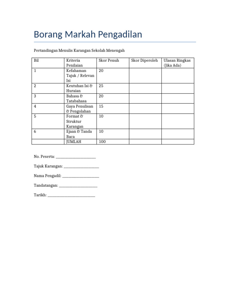 Borang Markah Pengadilan Karangan | PDF