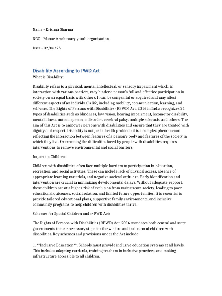 Detailed Disability PWD Act Krishna Sharma | PDF | Disability | Visual ...