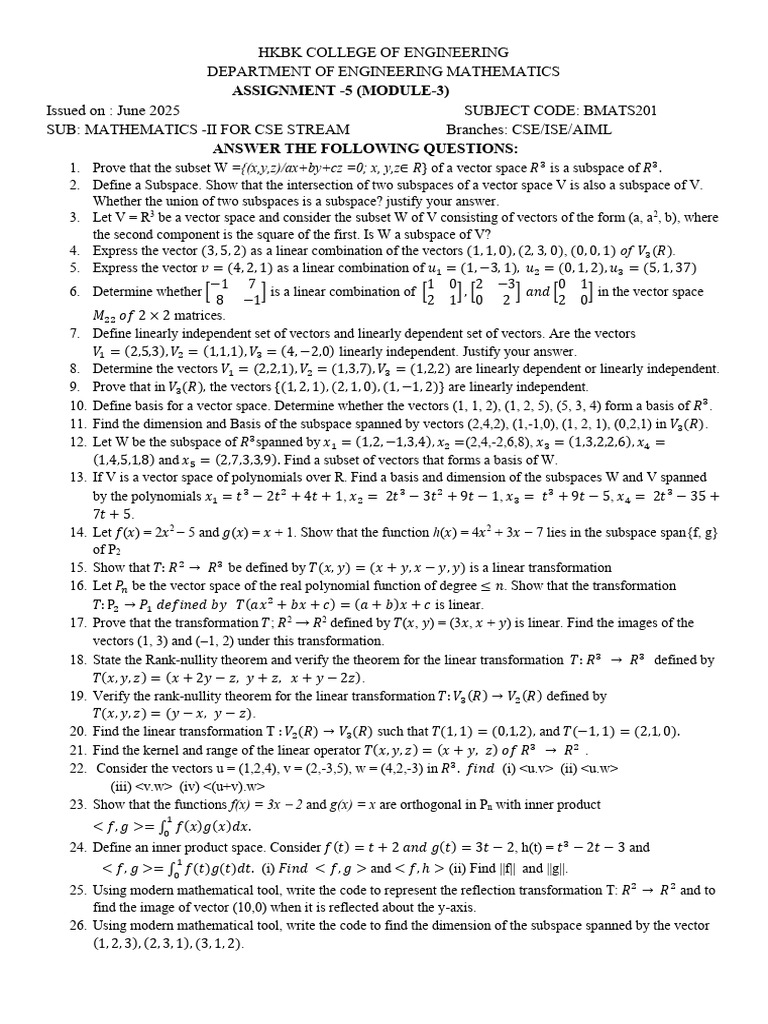 Assignment-3 For Cse-Tream Bmats201 - 250611 - 162733 | PDF | Linear Subspace | Basis (Linear ...