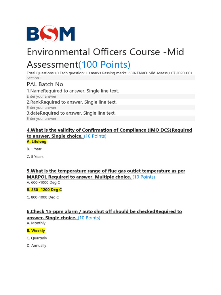 Environmental Officers Course - Mid Assessment | PDF