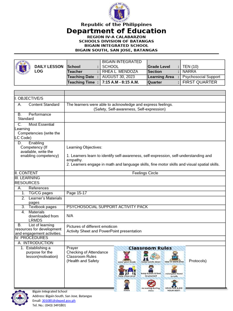 Daily Lesson Log: Psychosocial Support | PDF | Education Theory ...