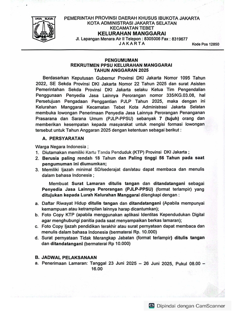 Pengumuman Rekrutmen PPSU Kel. Manggarai - 2025 | PDF