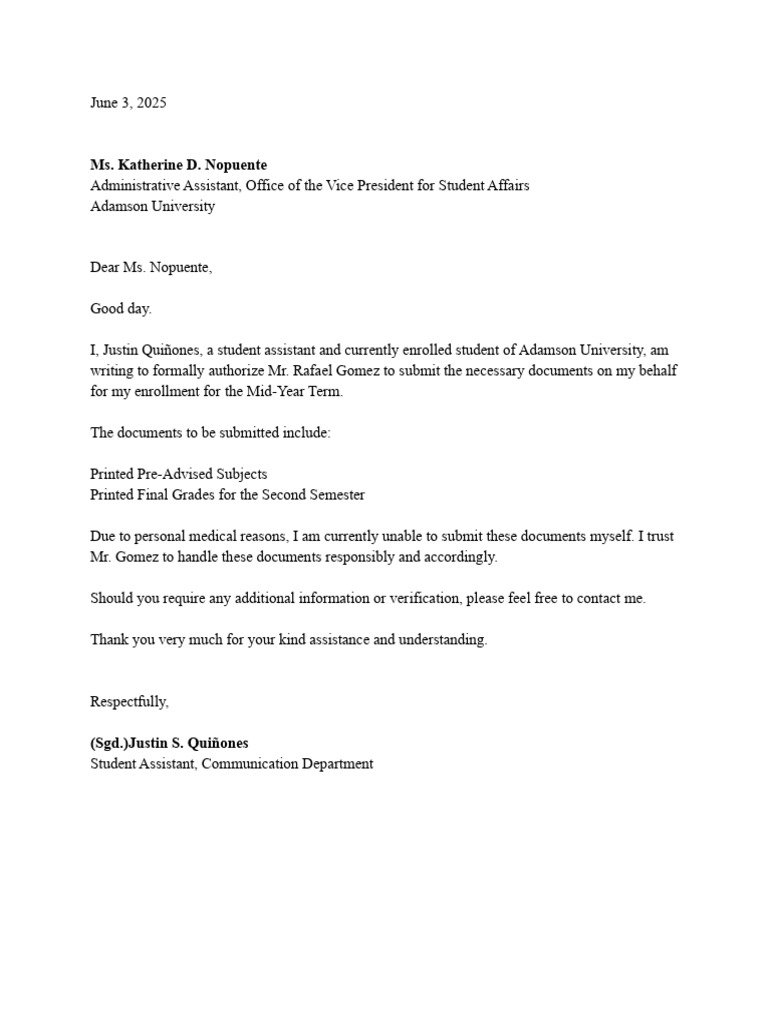 Authorization Letter For Mid Year Term | PDF
