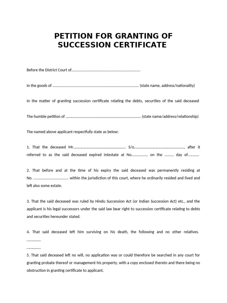 Succession Certificate Petition Format Pdf