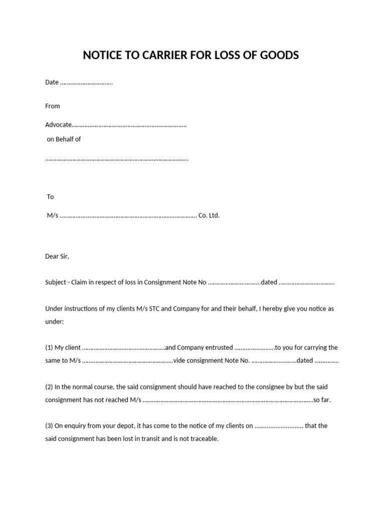 Notice of Claim for Lost Goods | PDF